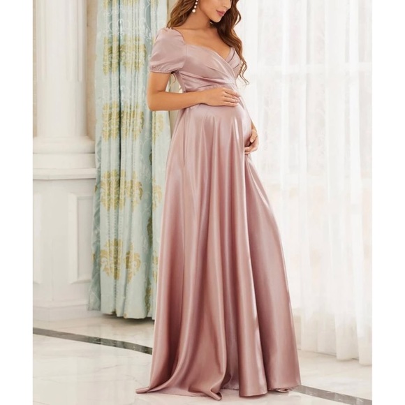 Mile High Clozet | Dresses | Adeline Maternity Ruched Surplice Neck Maxi Satin Dress | Poshmark